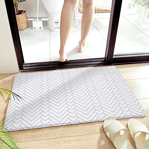 Chucoco Modern Abstract Geometry Herringbone Art Doormat Shaggy Plush Rug, Comfy Furry Floor Area Rugs Simple White Cozy Throw Shag Carpets Indoor Entrance Decor Door Mats