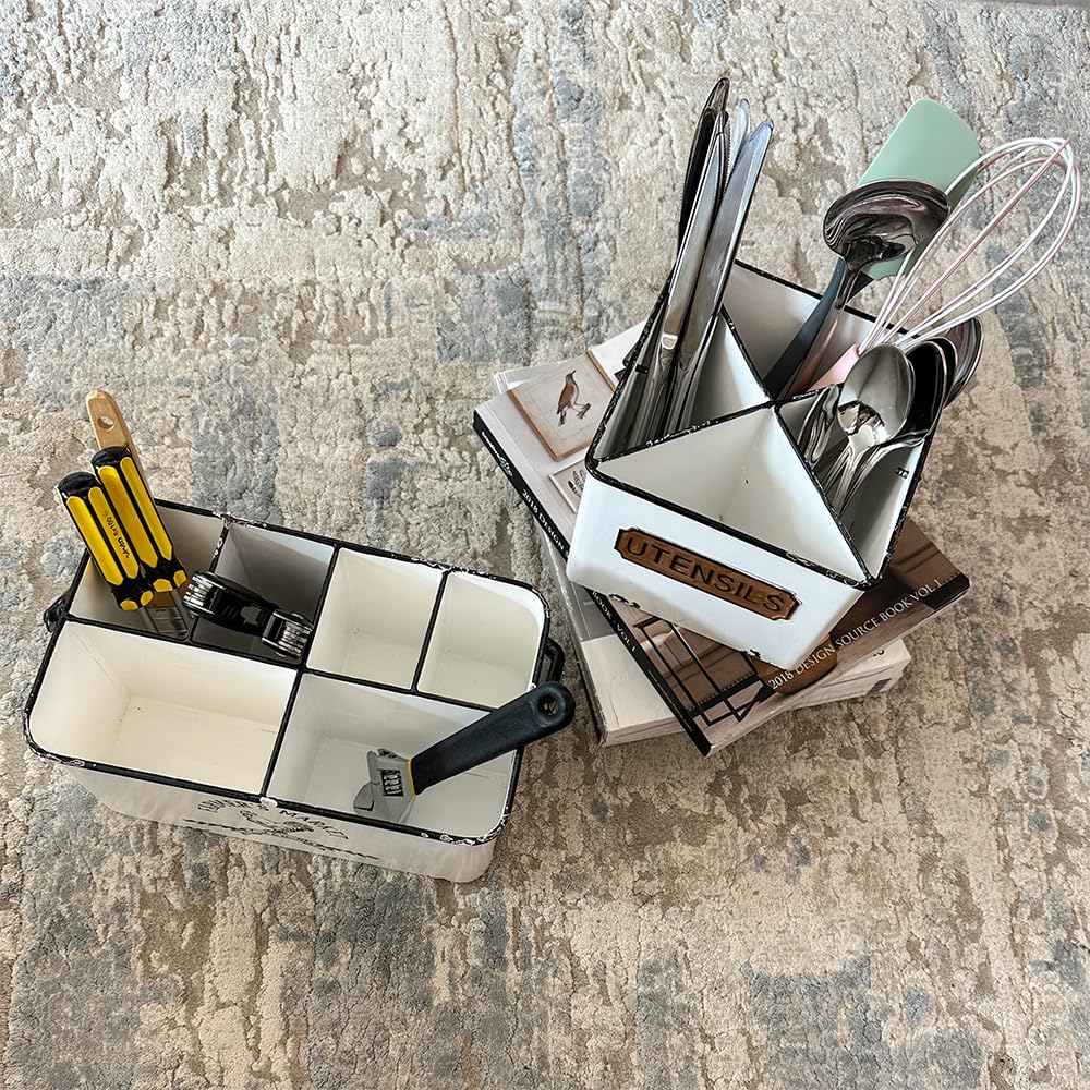 Distressed White, Portable Versatile Metal Storage Caddy Organizer with 6 Compartments & Handle - Perfect for Organizing Kitchen Utensils, Office Supplies, Bathroom Essentials & Bedroom Knick-Knacks