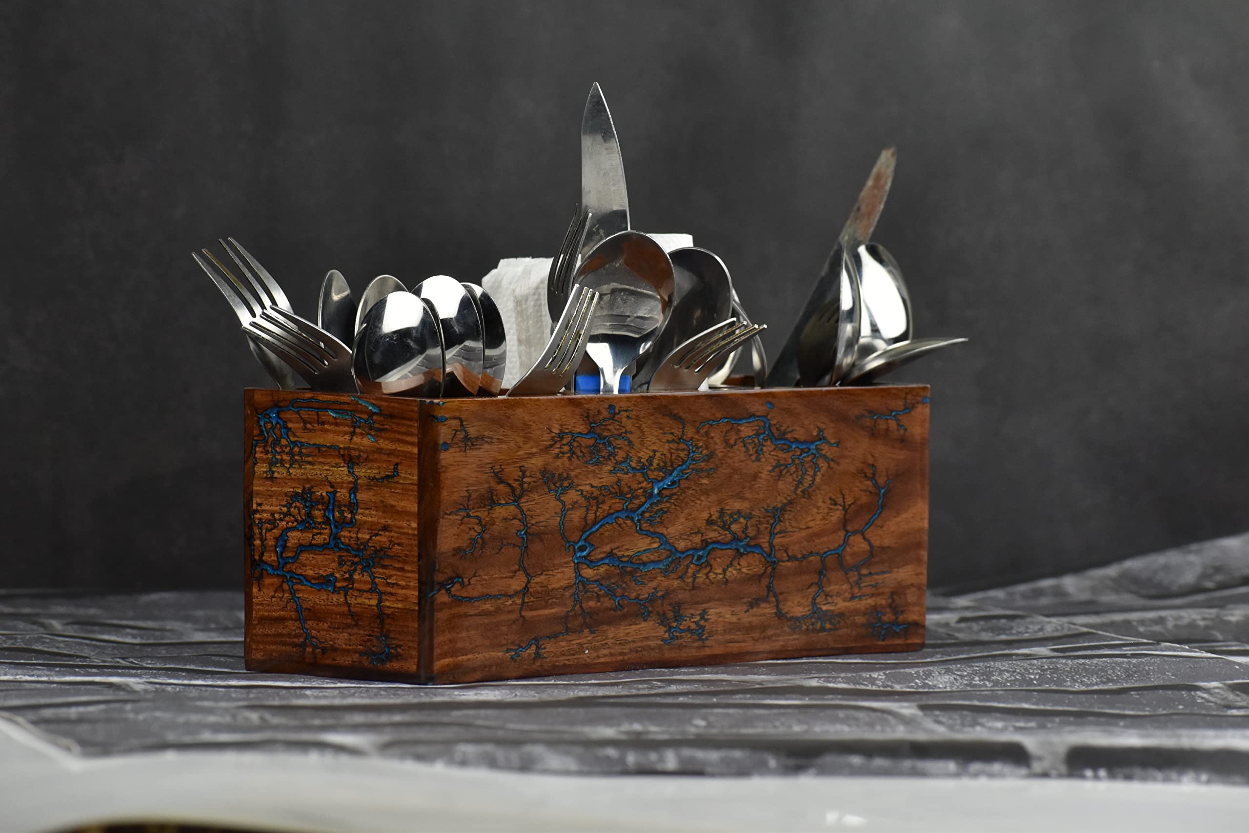 Utensil Caddy Silverware Cutlery Holder with 3 Compartment, Wooden Utensil Crock Flatware Organizers with Iron Stand, Rustic Kitchen Utensil Organizers for Farmhouse Kitchen and Countertop