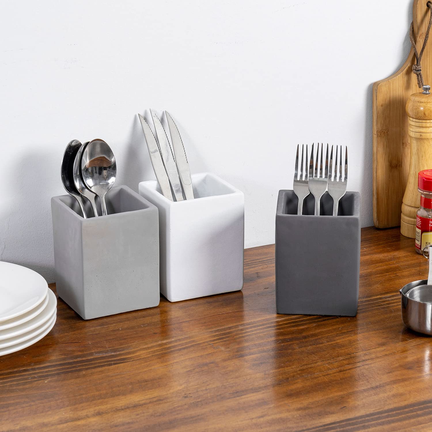 MyGift Deluxe Modern Gray Monochrome Concrete Kitchen Dining Utensil Holders - Cooking Tools and Accessories Storage Organizer Crocks, Set of 3