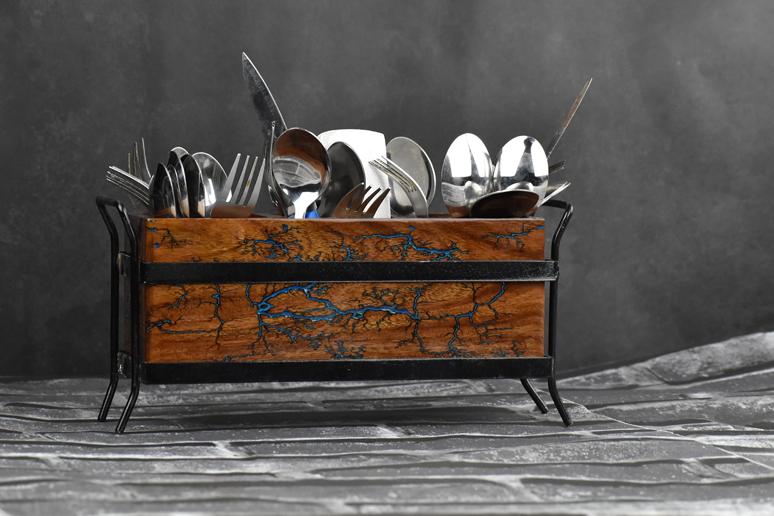 Utensil Caddy Silverware Cutlery Holder with 3 Compartment, Wooden Utensil Crock Flatware Organizers with Iron Stand, Rustic Kitchen Utensil Organizers for Farmhouse Kitchen and Countertop