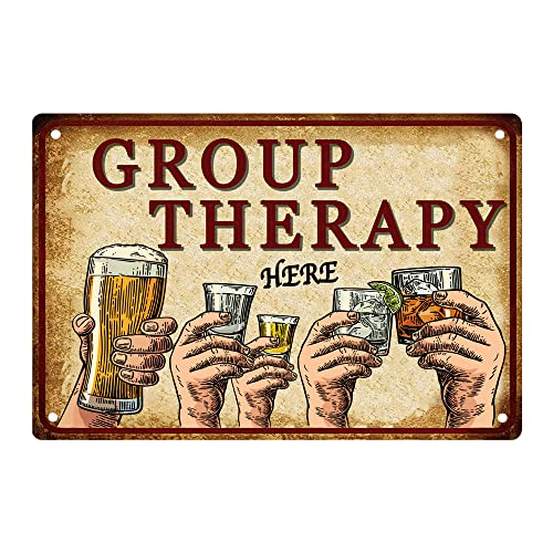 DCENLY Funny Sarcastic Metal Tin Sign for Garage Wall Decor Man Cave Bar Garage Decor Vintage Posters Metal Signs Group Therapy Here 12inch x 8inch