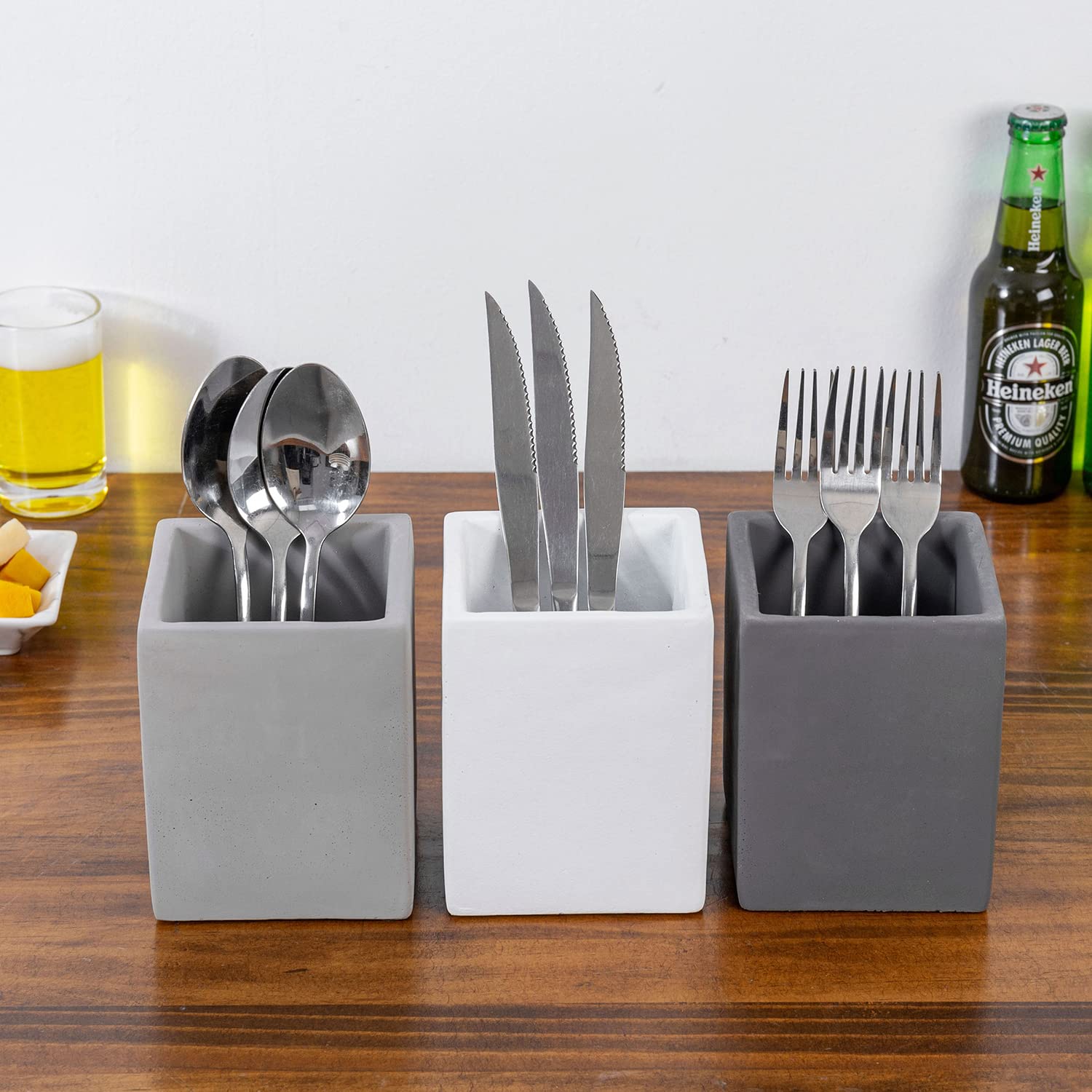 MyGift Deluxe Modern Gray Monochrome Concrete Kitchen Dining Utensil Holders - Cooking Tools and Accessories Storage Organizer Crocks, Set of 3