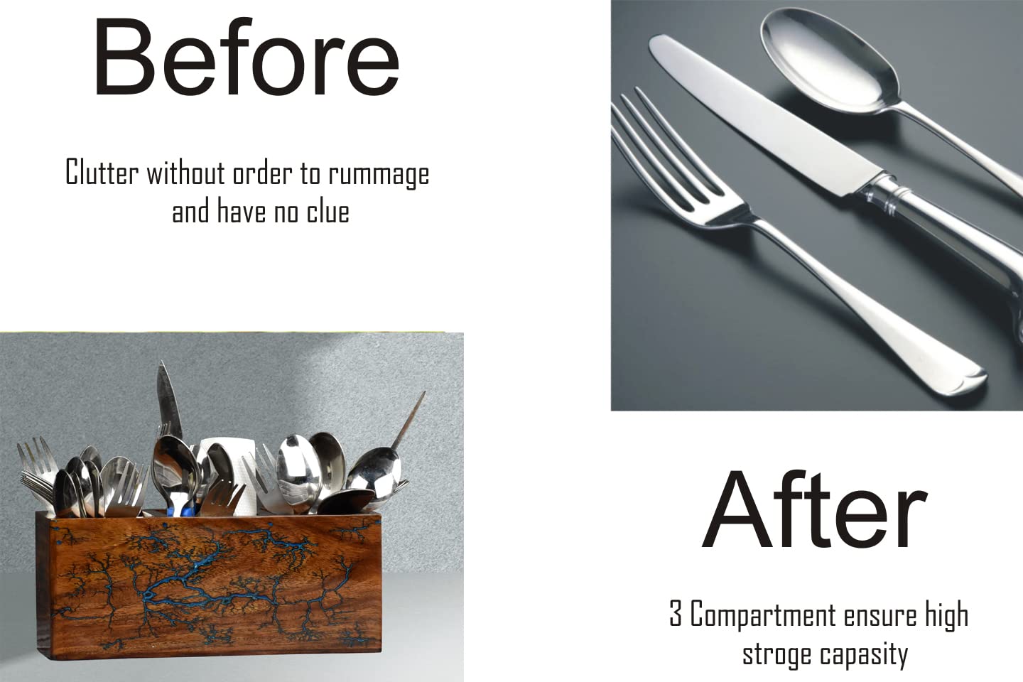 Utensil Caddy Silverware Cutlery Holder with 3 Compartment, Wooden Utensil Crock Flatware Organizers with Iron Stand, Rustic Kitchen Utensil Organizers for Farmhouse Kitchen and Countertop