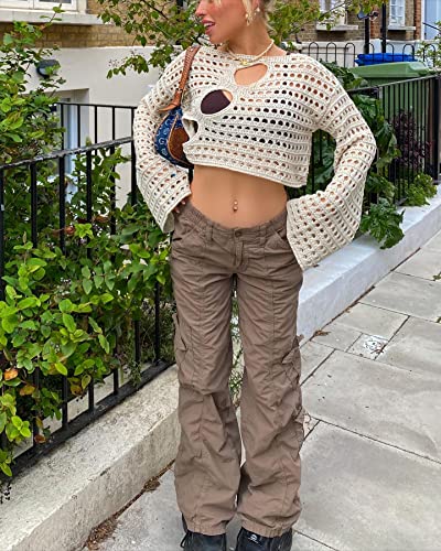 Hollow Out Rainbow Crochet Knit Tops for Women Crop Color Block Long Sleeve Square Neck Sweaters Tops (A-Beige, S)