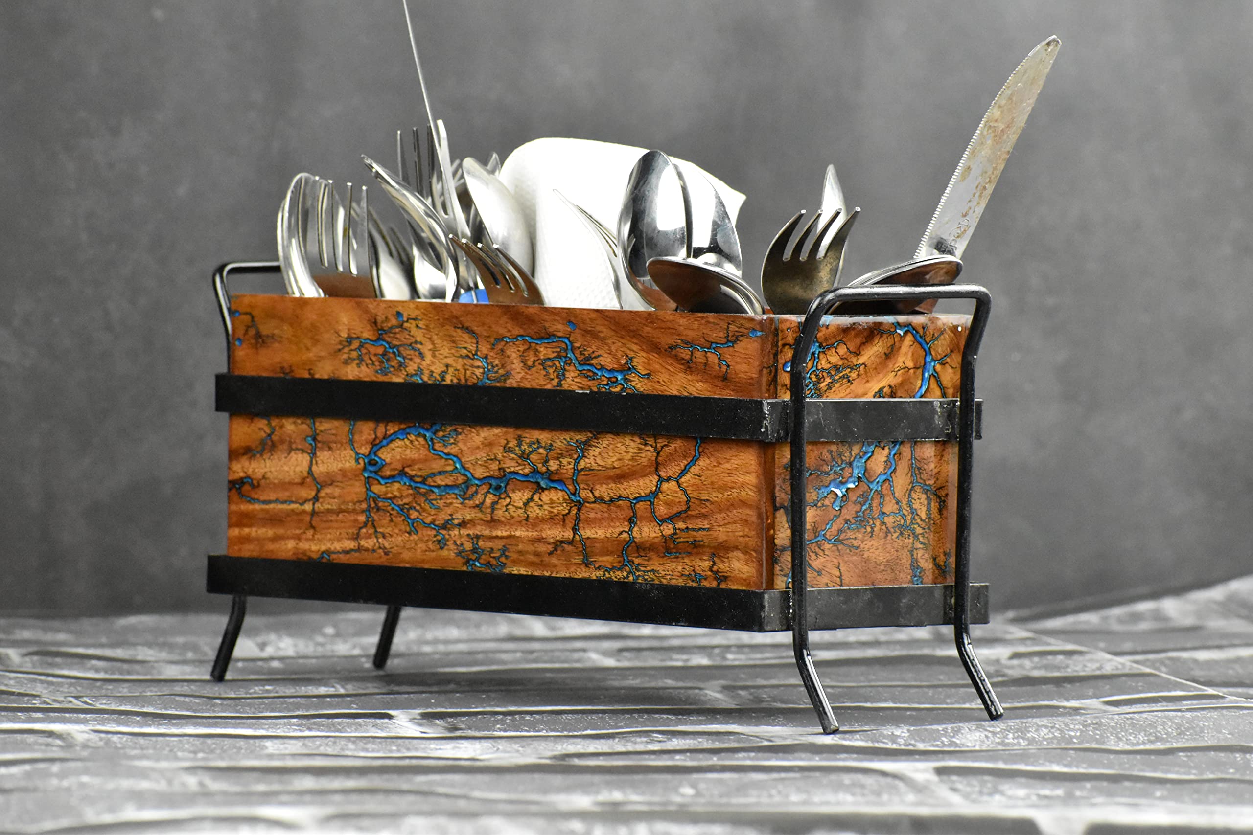Utensil Caddy Silverware Cutlery Holder with 3 Compartment, Wooden Utensil Crock Flatware Organizers with Iron Stand, Rustic Kitchen Utensil Organizers for Farmhouse Kitchen and Countertop