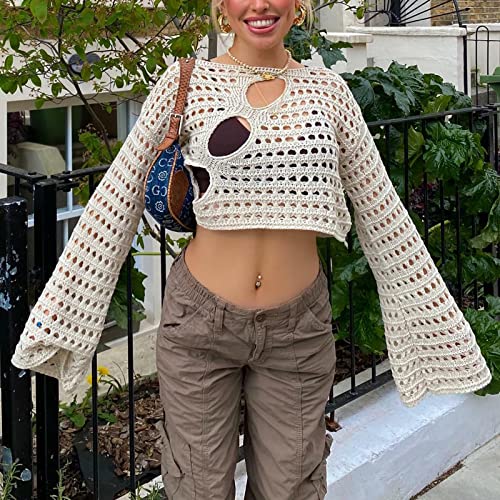 Hollow Out Rainbow Crochet Knit Tops for Women Crop Color Block Long Sleeve Square Neck Sweaters Tops (A-Beige, S)