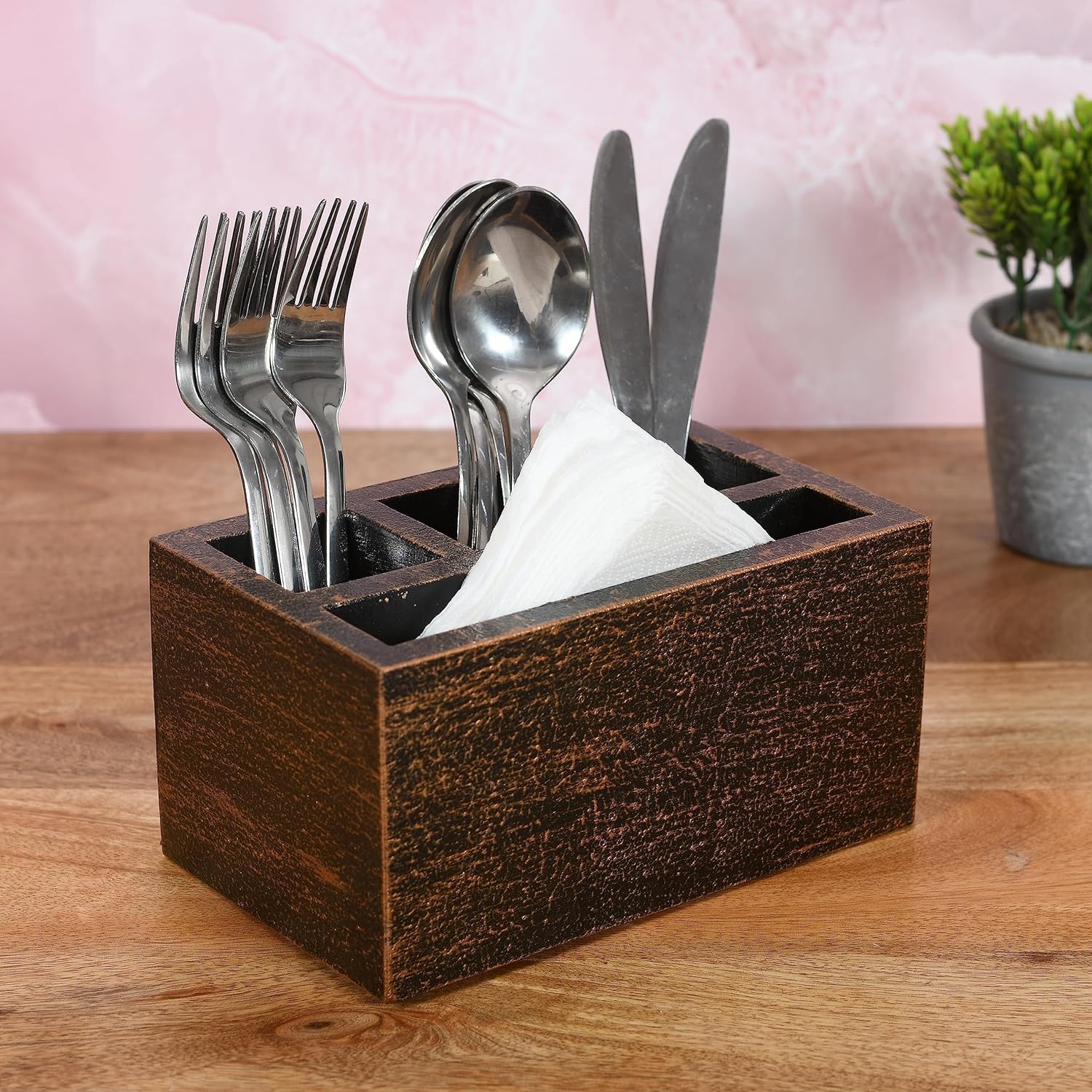 Samsiddhi Wooden 4 Compartment Flatware Caddy, Cutlery Utensil Holder, Silverware Condiment Organizer with Napkin Holder for Kitchen, Dining, Picnics, Grey Washed Mango Wood Caddy with Metal Handles