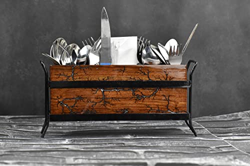 Utensil Caddy Silverware Cutlery Holder with 3 Compartment, Wooden Utensil Crock Flatware Organizers with Metal Tray, Rustic Kitchen Utensil Organizers for Farmhouse Kitchen and Countertop (White)