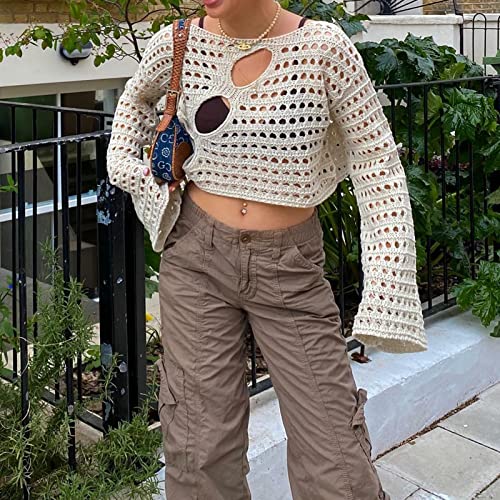 Hollow Out Rainbow Crochet Knit Tops for Women Crop Color Block Long Sleeve Square Neck Sweaters Tops (A-Beige, S)