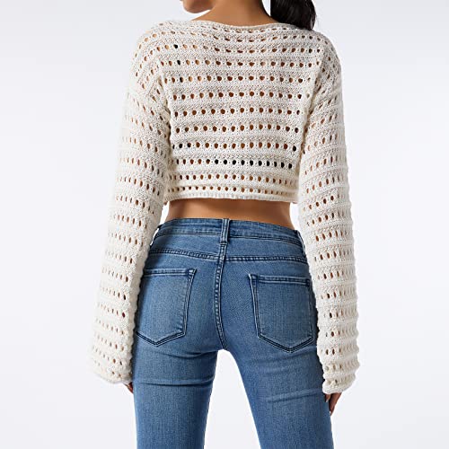 Hollow Out Rainbow Crochet Knit Tops for Women Crop Color Block Long Sleeve Square Neck Sweaters Tops (A-Beige, S)