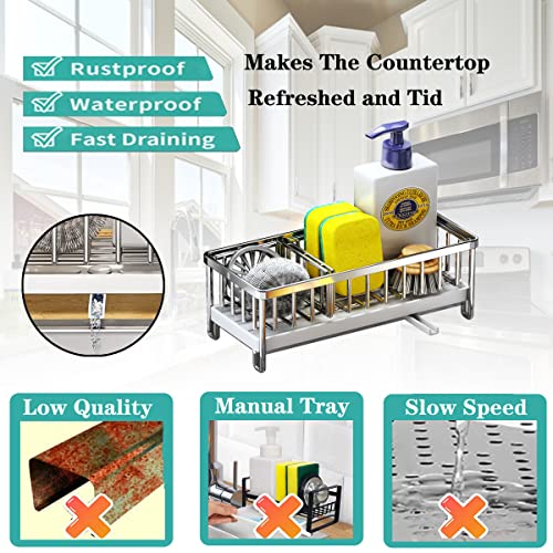 Trusthere Sink Caddy Sponge Holder for Kitchen Sink - Sink Counter Organizer-Stainless Steel Tray for Sponge, Dish Rags Brush, Soap Scrubber, and Utensils with Auto Drain Tray
