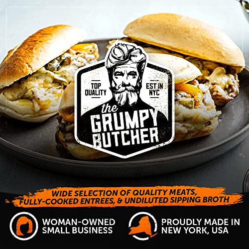 Grumpy Butcher Chicken Sandwiches (8 pack, each 4 oz) | Pulled Chicken with Caramelized Onions & Cheese | Fully-Assembled On Premium Bun | Just Heat & Eat