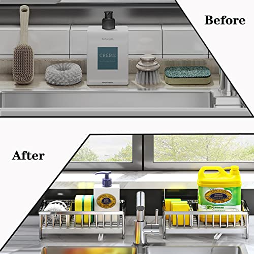 Trusthere Sink Caddy Sponge Holder for Kitchen Sink - Sink Counter Organizer-Stainless Steel Tray for Sponge, Dish Rags Brush, Soap Scrubber, and Utensils with Auto Drain Tray