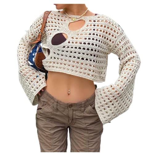 Hollow Out Rainbow Crochet Knit Tops for Women Crop Color Block Long Sleeve Square Neck Sweaters Tops (A-Beige, S)