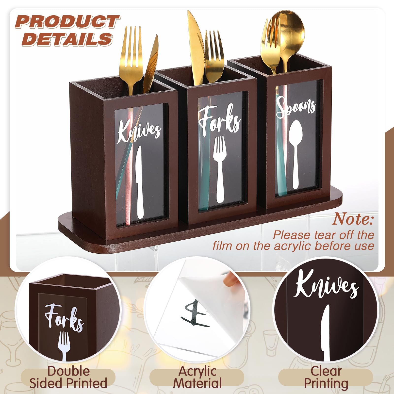 Gejoy Clear Acrylic Silverware Cutlery Caddy Utensil Holder with Wood Tray Spoon Fork Knives Flatware Dispenser for Kitchen Table Countertop Silverware Storage Organizer(Brown)