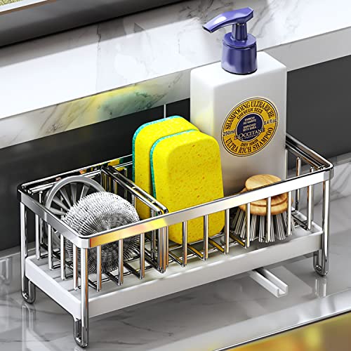 Trusthere Sink Caddy Sponge Holder for Kitchen Sink - Sink Counter Organizer-Stainless Steel Tray for Sponge, Dish Rags Brush, Soap Scrubber, and Utensils with Auto Drain Tray