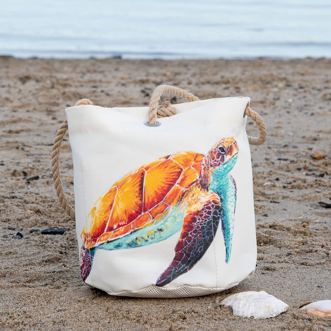 Sea Bags Recycled Sail Cloth Multicolor Sea Turtle Beachcomber Bucket Bag Seashell Bag, Sail Cloth Organizer Bucket Inside Pockets and Mesh Bottom