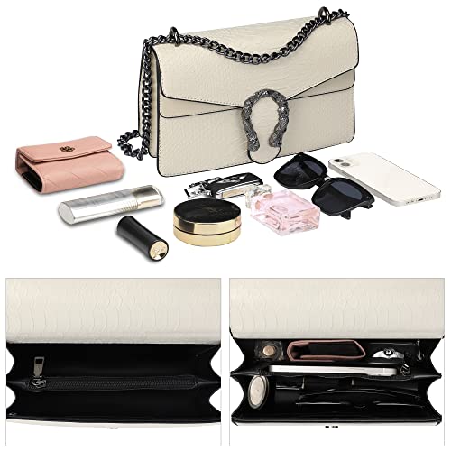 ZooLLyn Crossbody Shoulder Evening Bag for Women - Luxurious Snake Print PU Leather Messenger Bag Trendy Chain Strap Clutch Square Satchel Handbag Purse White