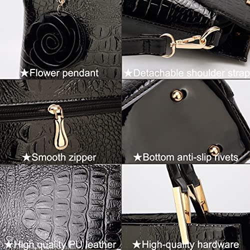 XingChen Shiny Patent Leather Women Handbag Crocodile Pattern Shoulder Bag Flower Pendant Top Handle Tote Satchel Purse Black