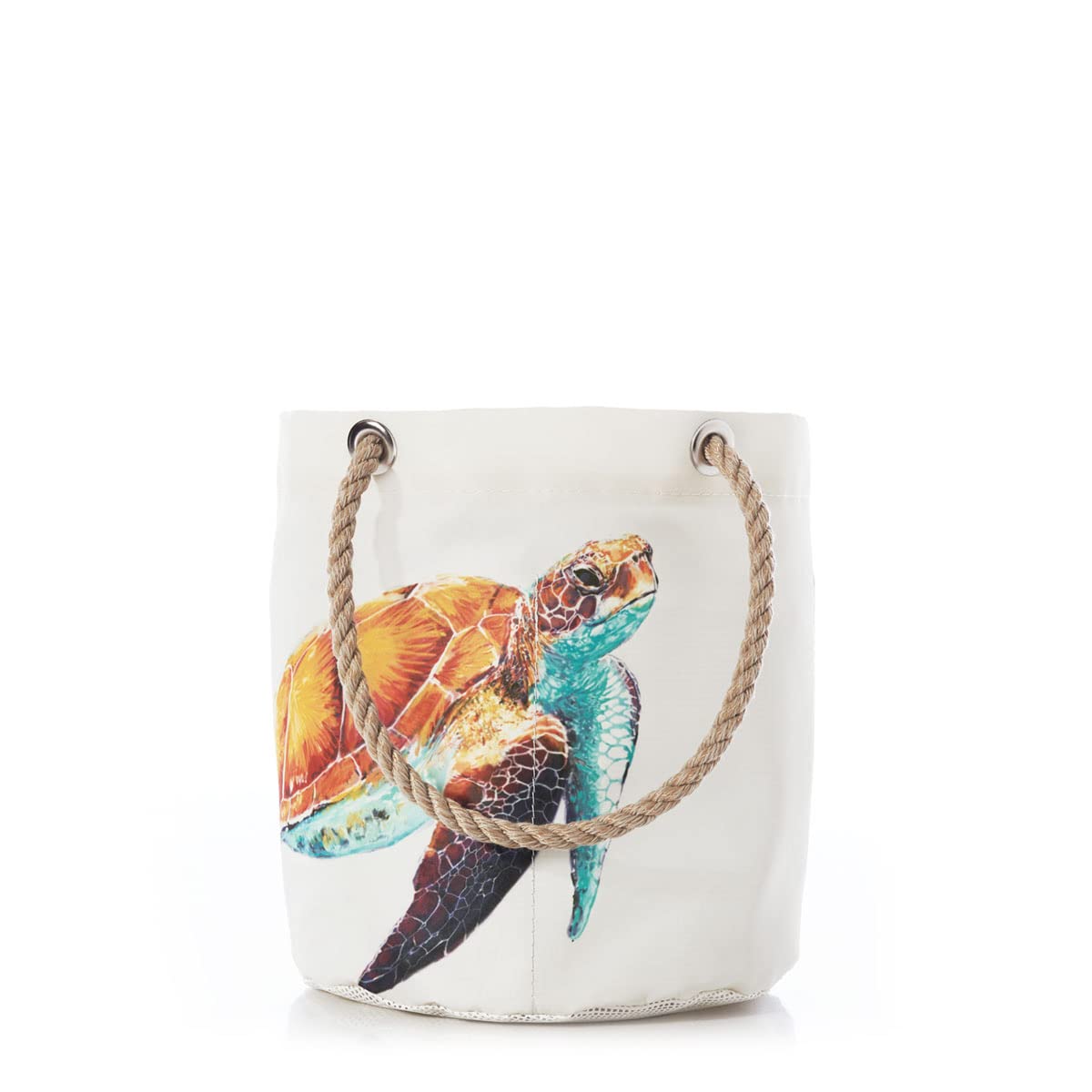 Sea Bags Recycled Sail Cloth Multicolor Sea Turtle Beachcomber Bucket Bag Seashell Bag, Sail Cloth Organizer Bucket Inside Pockets and Mesh Bottom