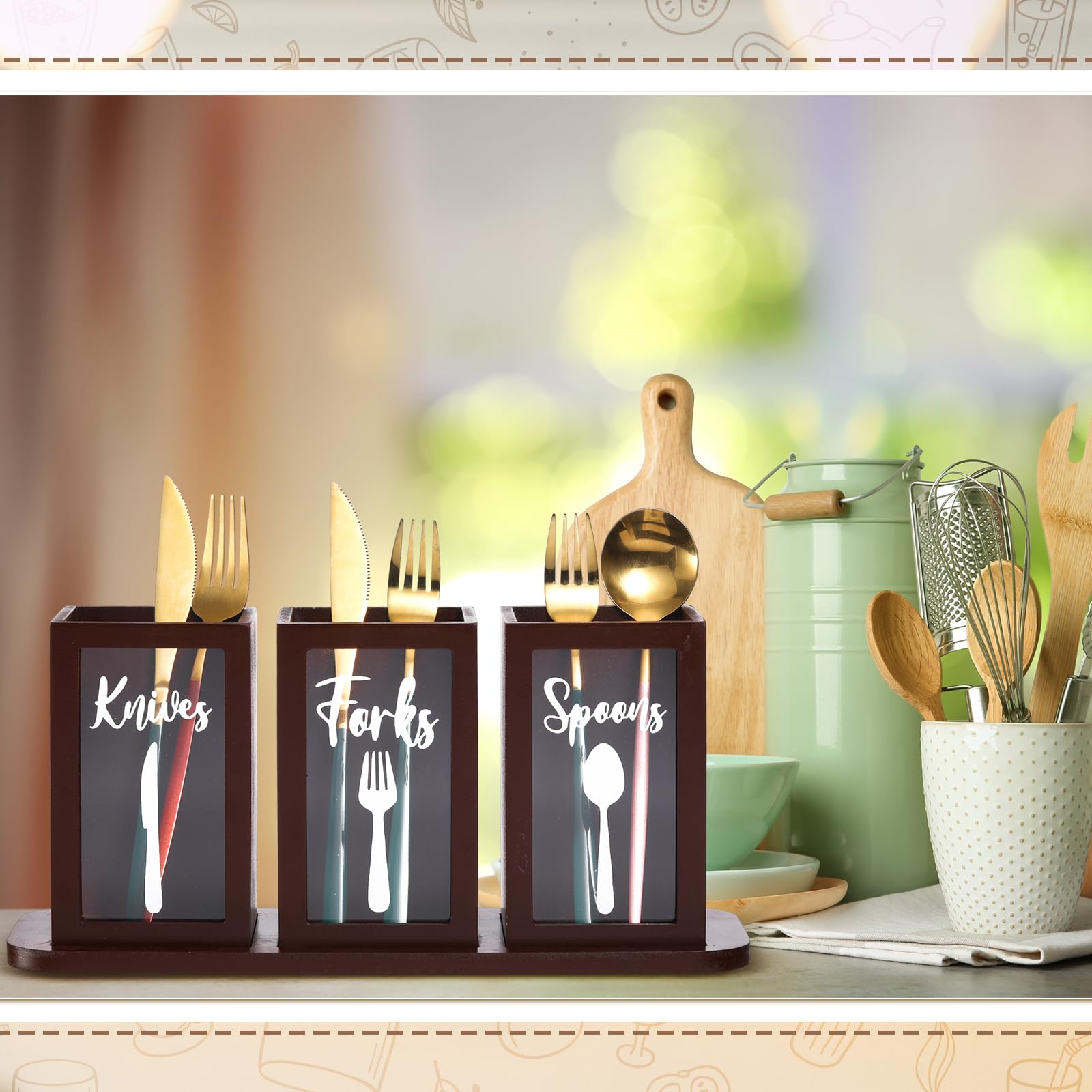 Gejoy Clear Acrylic Silverware Cutlery Caddy Utensil Holder with Wood Tray Spoon Fork Knives Flatware Dispenser for Kitchen Table Countertop Silverware Storage Organizer(Brown)