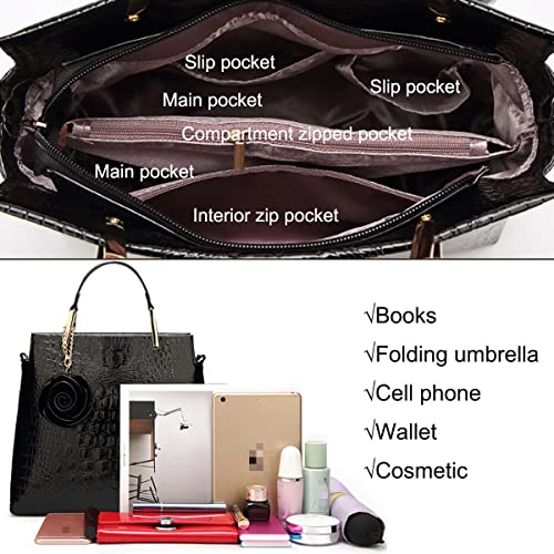 XingChen Shiny Patent Leather Women Handbag Crocodile Pattern Shoulder Bag Flower Pendant Top Handle Tote Satchel Purse Black
