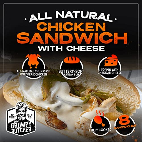 Grumpy Butcher Chicken Sandwiches (8 pack, each 4 oz) | Pulled Chicken with Caramelized Onions & Cheese | Fully-Assembled On Premium Bun | Just Heat & Eat