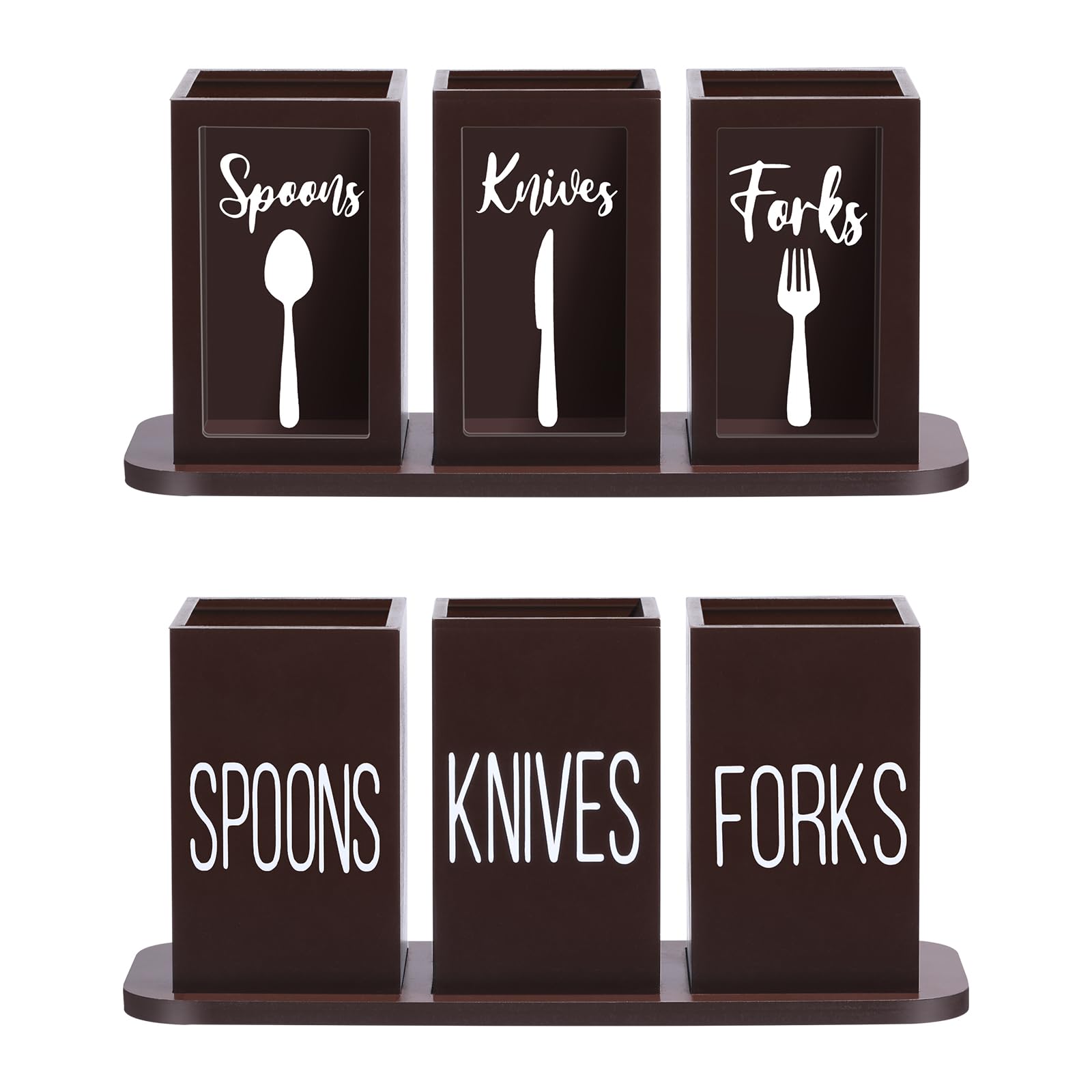 Gejoy Clear Acrylic Silverware Cutlery Caddy Utensil Holder with Wood Tray Spoon Fork Knives Flatware Dispenser for Kitchen Table Countertop Silverware Storage Organizer(Brown)