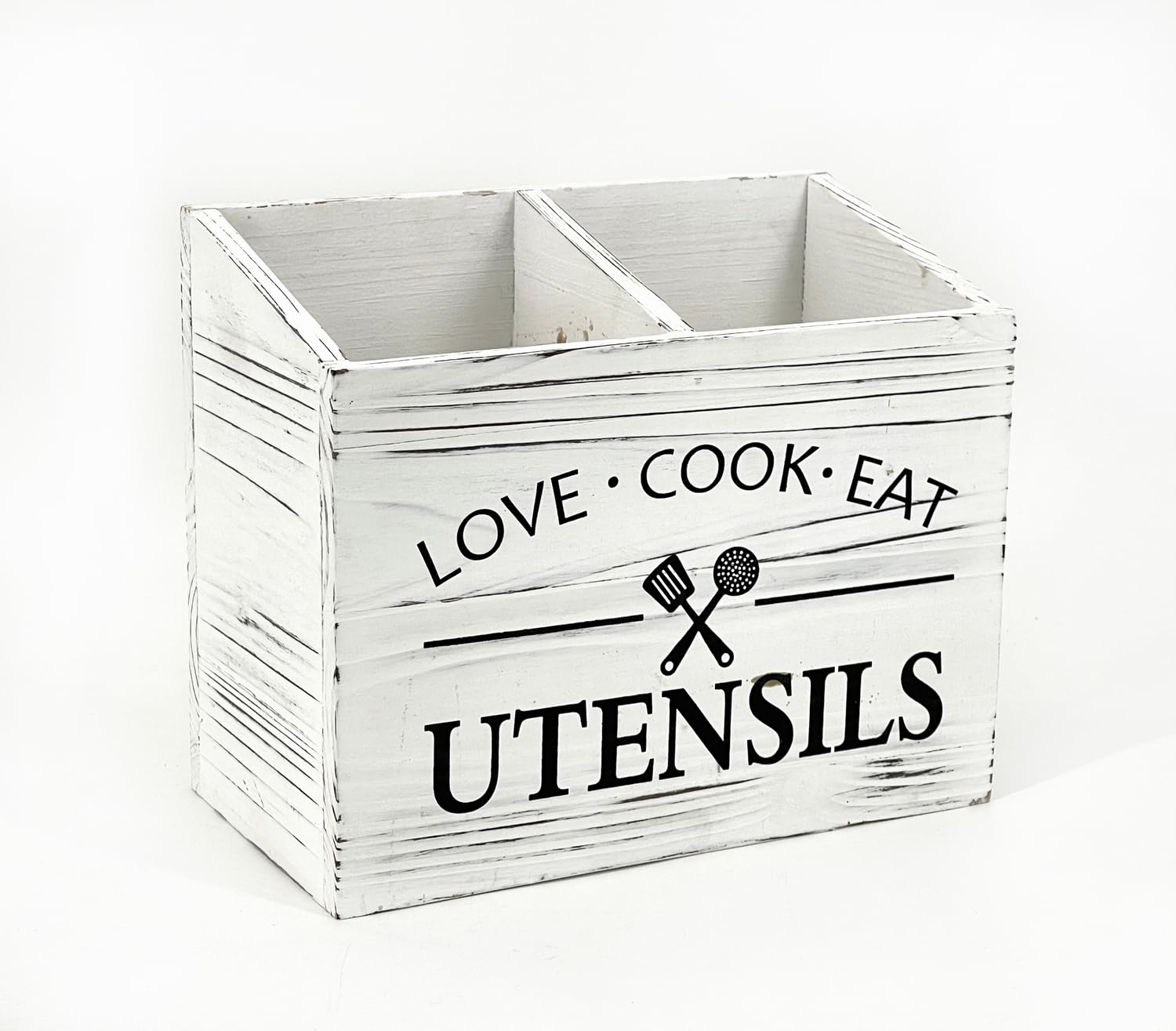 GIFTAYA Wood Utensil Holder for Kitchen Countertop | Farmhouse Kitchen Decor for Flatware | Utensil Caddy with 2 Compartments | Rustic Utensil Organizer for Kitchen (2 Compartments)