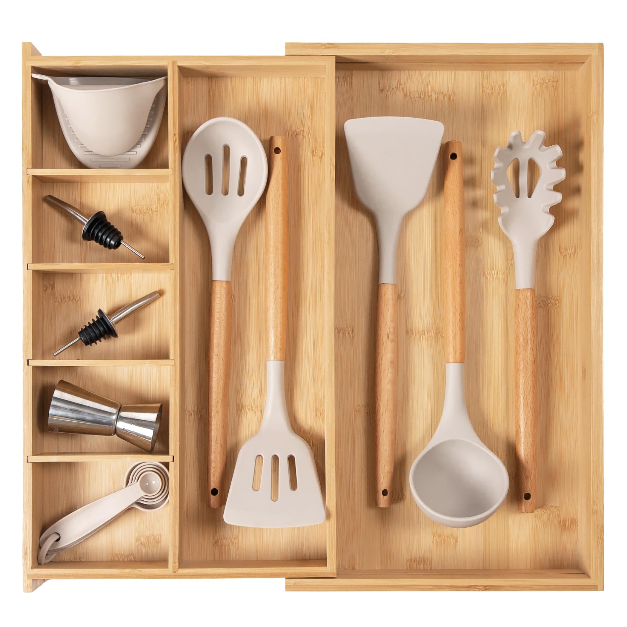 KitchenEdge Adjustable Kitchen Drawer Organizer for Utensils and Junk, Food-Safe Contract Grade with 100% Sustainable Wood, Non-Slip, Expandable from 10.5 to 18.5 Inches Wide - Natural Bamboo