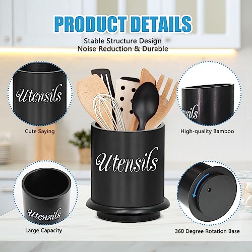 Y&ME YM Utensil Holder, 360° Rotating Kitchen Utensil Holder for Countertop, Bamboo Utensil Crock Utensil Caddy for Flatware, Cooking Utensil Organizer for Farmhouse Kitchen Decor (Black)