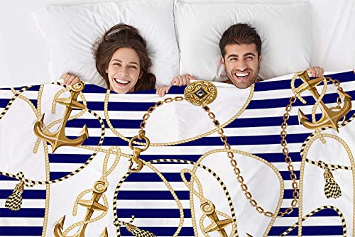 Beabes Gold Anchor Plush Blanket Throw Luxury Chains Coins Marine Navy Stripes Soft Bed Blankets for Home Bedroom Office Sofa Couch 50x60 Inch Throw Blanket