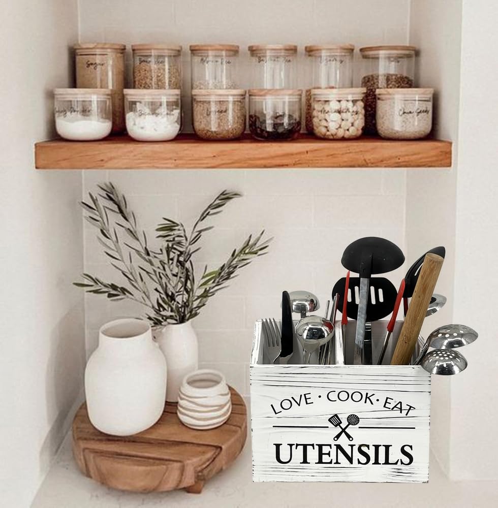 GIFTAYA Wood Utensil Holder for Kitchen Countertop | Farmhouse Kitchen Decor for Flatware | Utensil Caddy with 2 Compartments | Rustic Utensil Organizer for Kitchen (2 Compartments)
