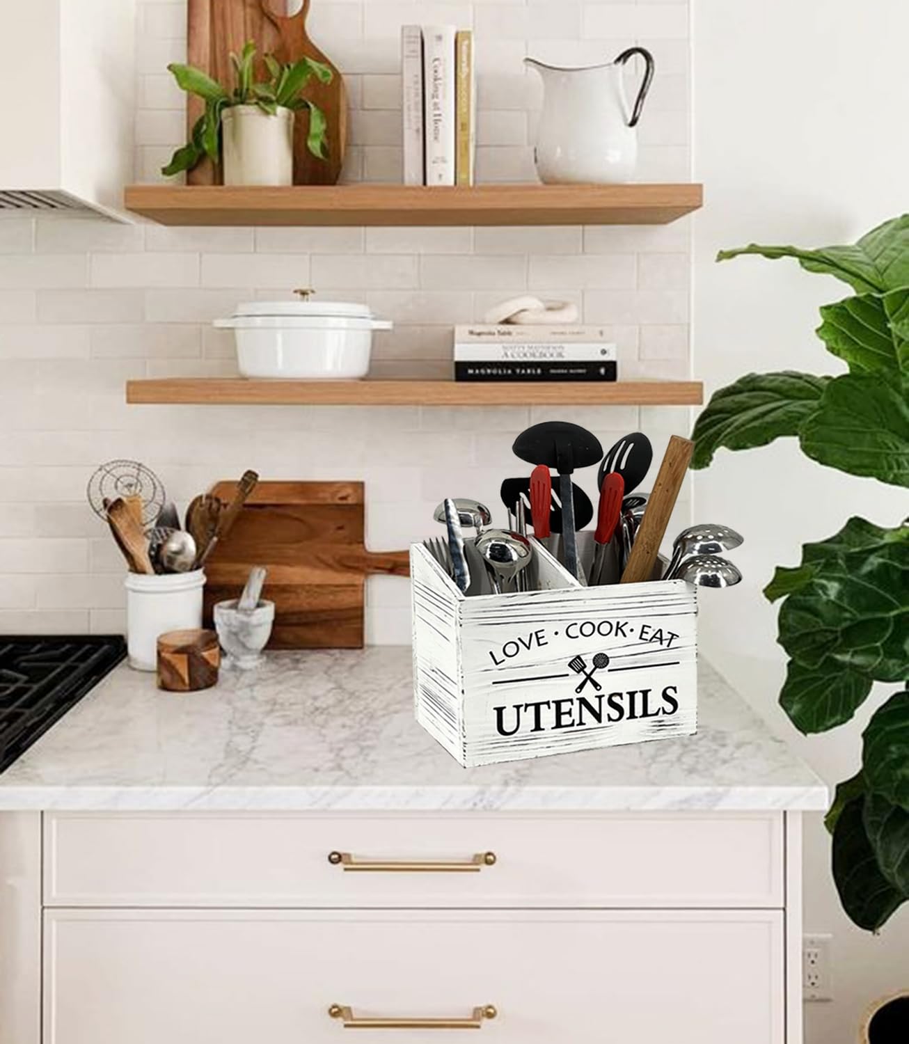 GIFTAYA Wood Utensil Holder for Kitchen Countertop | Farmhouse Kitchen Decor for Flatware | Utensil Caddy with 2 Compartments | Rustic Utensil Organizer for Kitchen (2 Compartments)