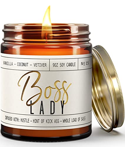 Boss Lady Gifts for Women - 'Boss Lady' Soy Candle, w/ Vanilla, White Coconut & Vetiver I Best Boss Gifts for Women I Girl Boss Female Gifts I 9oz Reusable Glass Jar, 50Hr Burn Time, 9oz, Made in USA