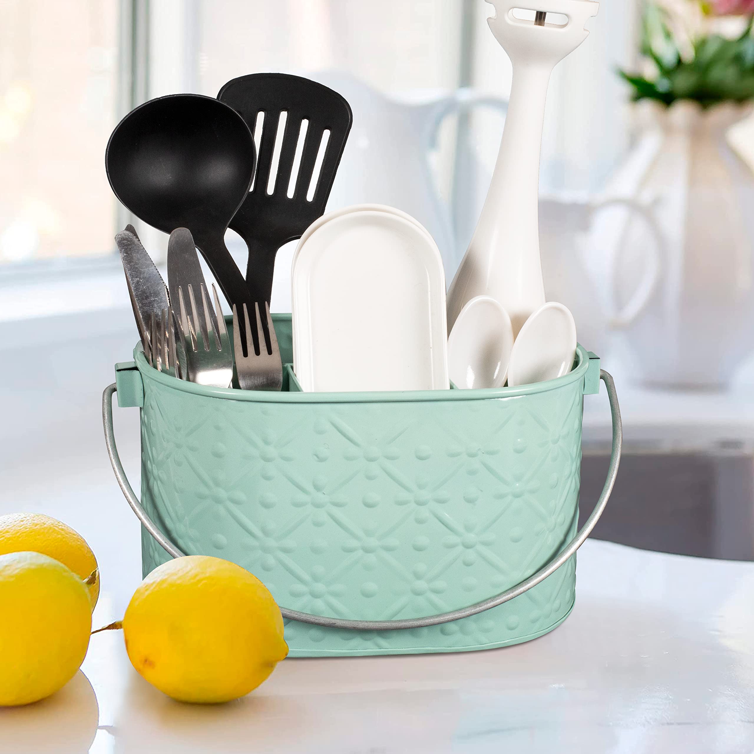 CLEENTABLE Farmhouse Chic Utensil Caddy, Green, Galvanized Steel, 10 x 6.5 x 5.5 inches, 4 Compartments, 2 lbs Capacity
