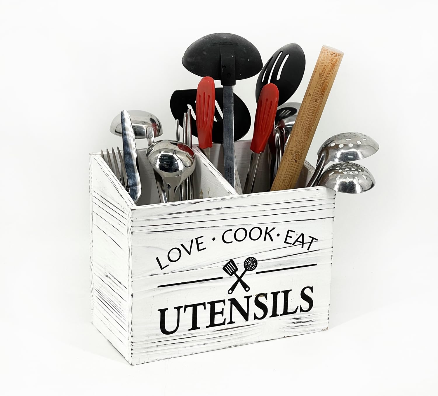 GIFTAYA Wood Utensil Holder for Kitchen Countertop | Farmhouse Kitchen Decor for Flatware | Utensil Caddy with 2 Compartments | Rustic Utensil Organizer for Kitchen (2 Compartments)