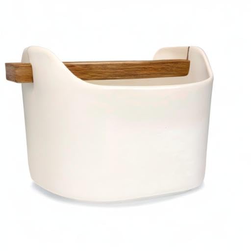 QualKits Ceramic Utensil Holder with Acacia Wood Handle - Multipurpose Caddy Organizer - Bathroom Organizer Countertop (White)