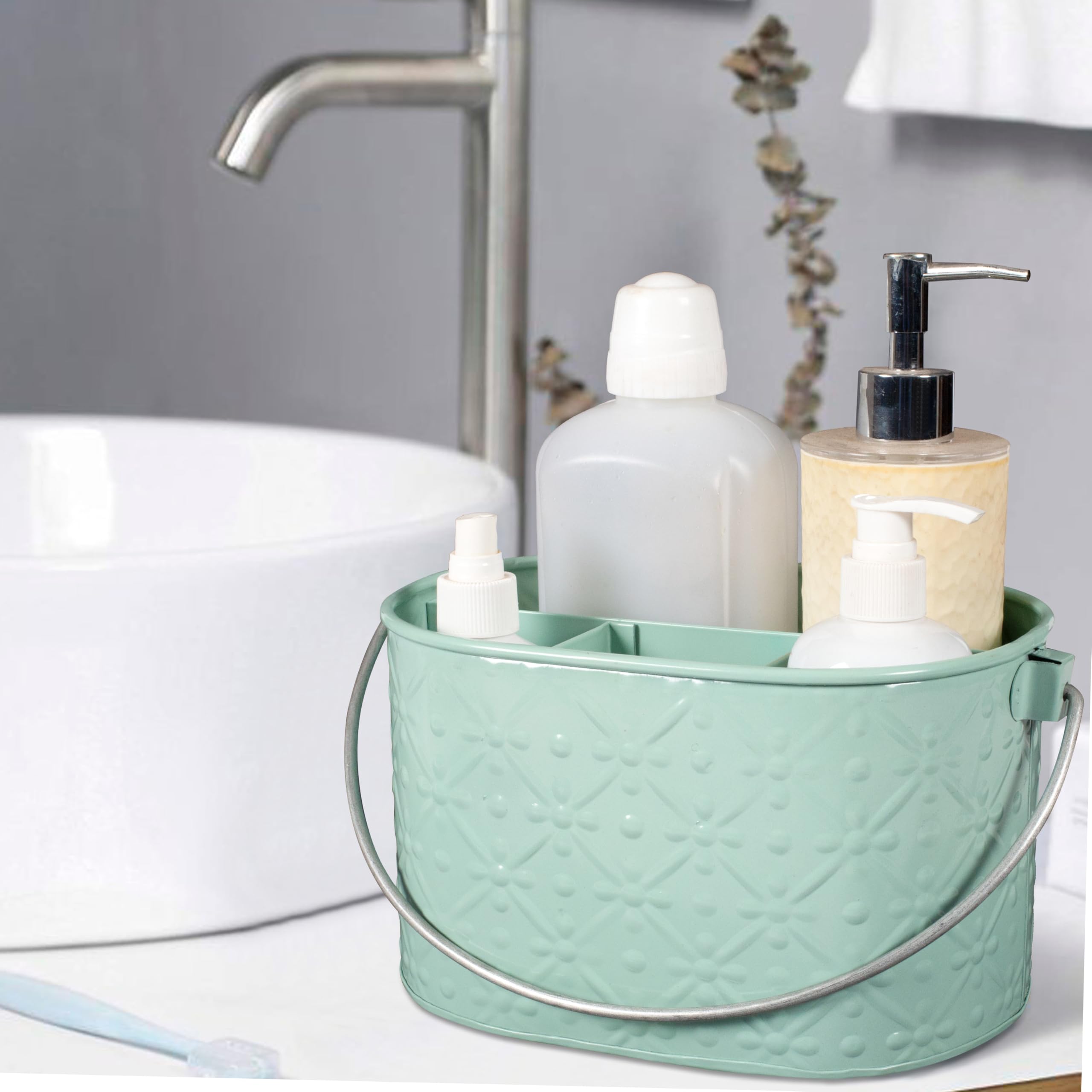 CLEENTABLE Farmhouse Chic Utensil Caddy, Green, Galvanized Steel, 10 x 6.5 x 5.5 inches, 4 Compartments, 2 lbs Capacity