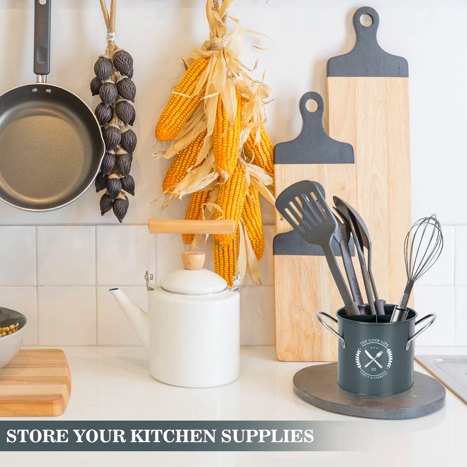 sugarchef Kitchen Utensil Holder Flatware Organizer for Forks Spoons Knives Cooking Tools,4 Compartment Cutlery Caddy Storage Bucket with Drain Hole (Gray)