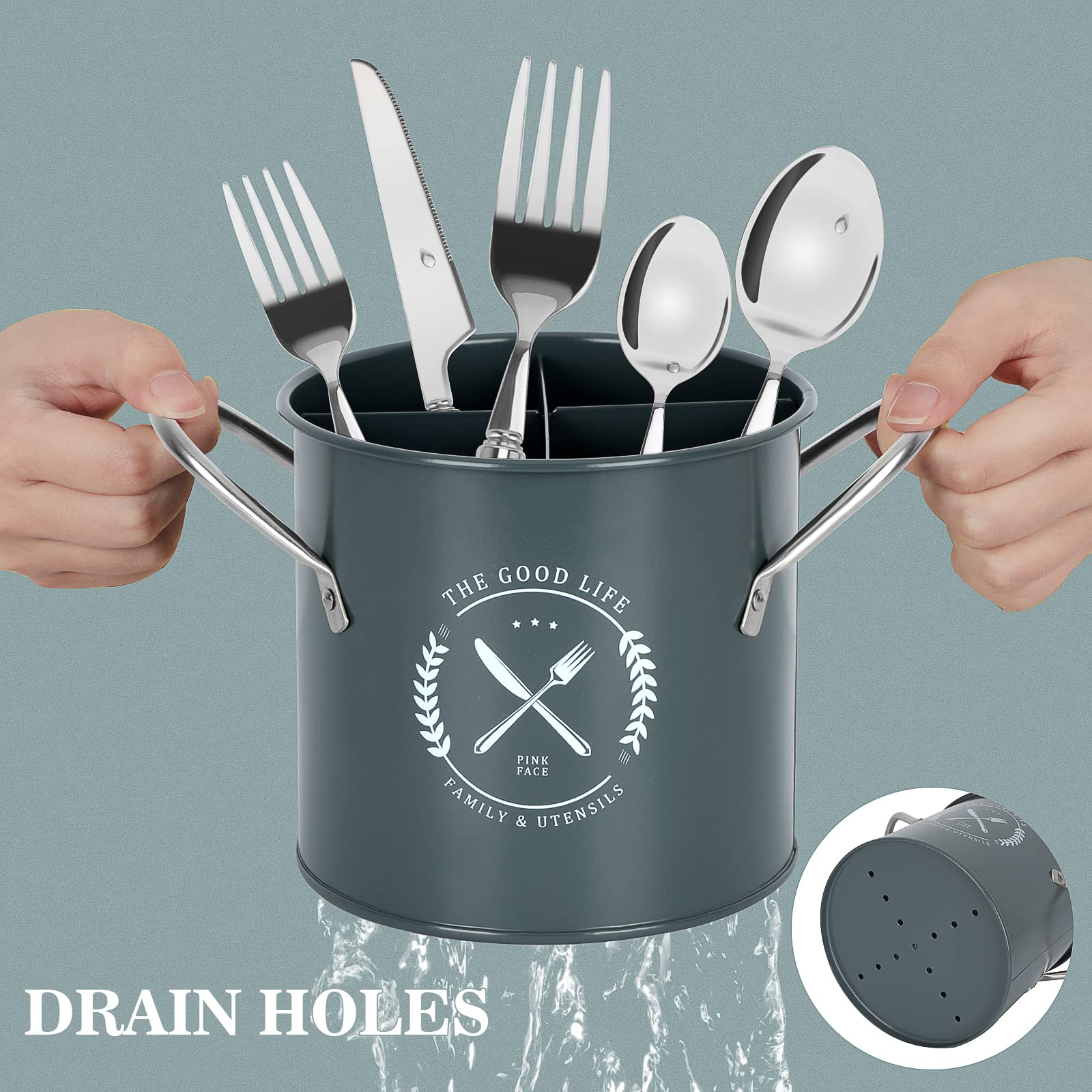 sugarchef Kitchen Utensil Holder Flatware Organizer for Forks Spoons Knives Cooking Tools,4 Compartment Cutlery Caddy Storage Bucket with Drain Hole (Gray)