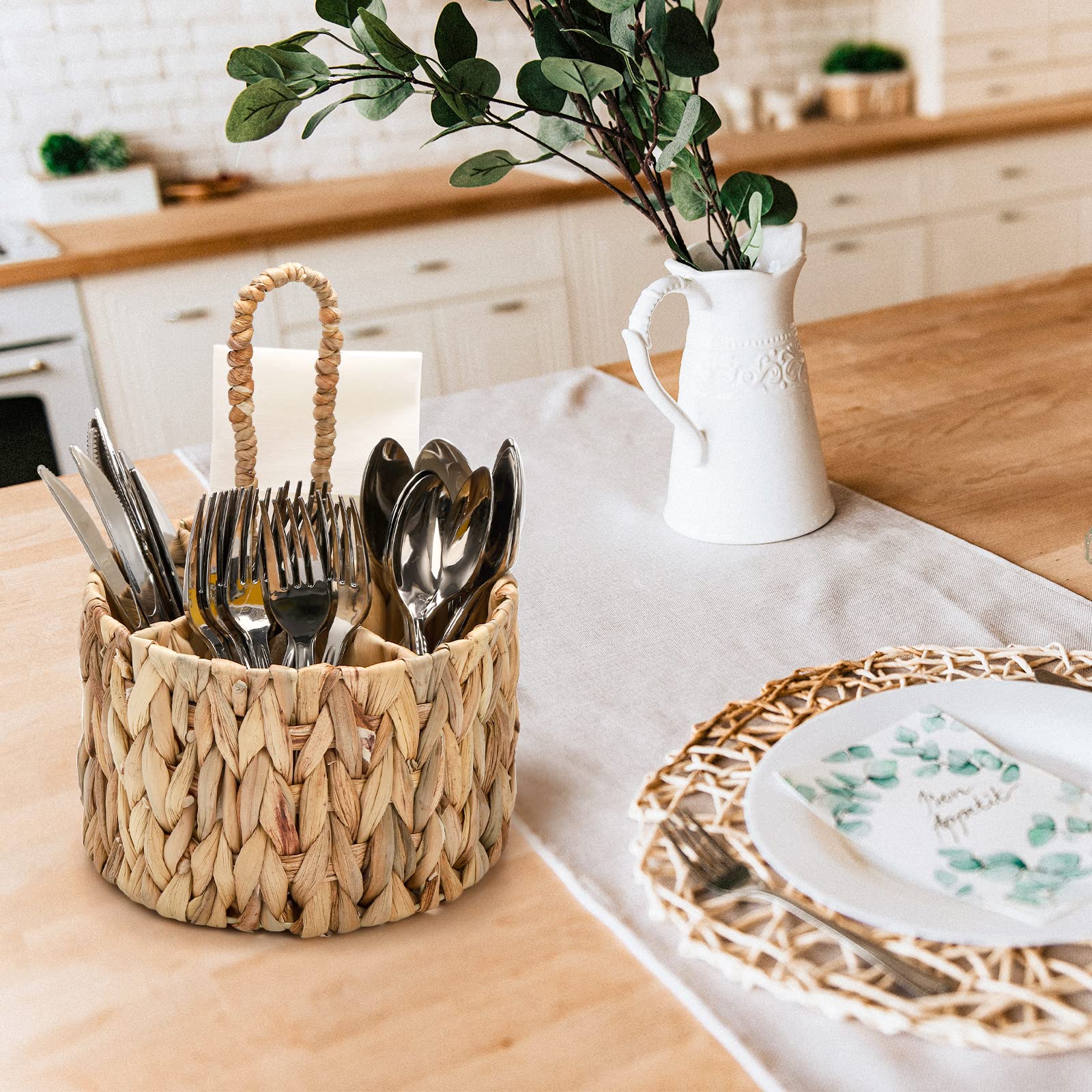 Hiceeden 2 Pack Utensil Caddy with Handle for Countertop, Water Hyacinth Silverware Caddy Holder Organizer for Party, Hand Woven Flatware Cutlery Caddy for Picnic