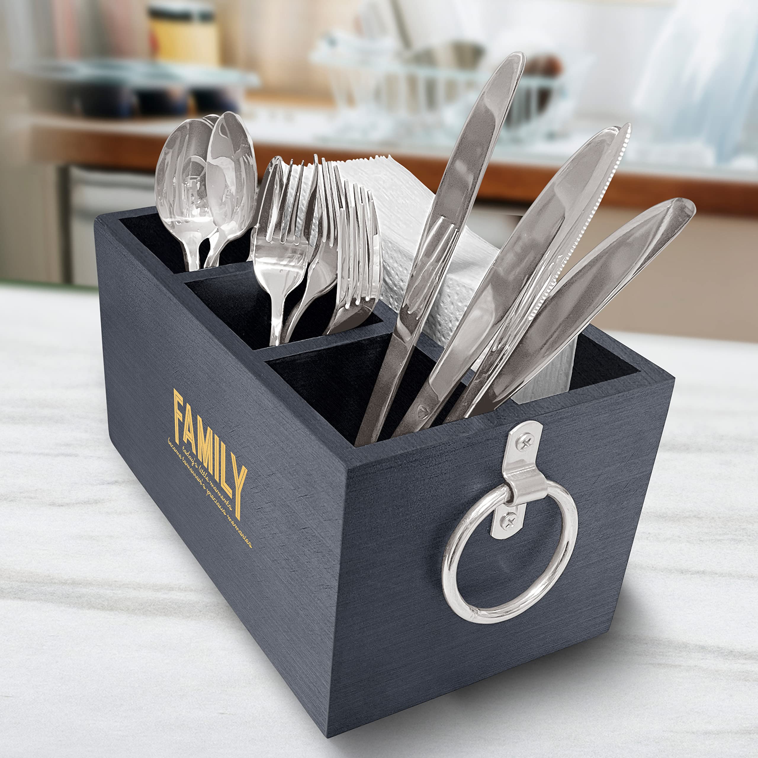 Krezy Case Family Quote Wood Utensil Caddy Cutlery Organizer, Silverware Holder, Large Utensil Flatware Organizer Box with 3 Compartments, Wood Utensil Holder