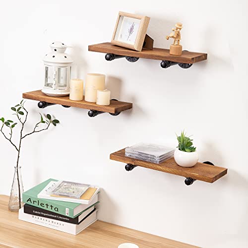 canwedance Rustic Wood Floating Shelves with Industrial Pipe Brackets Set of 3,3 Tier Wall Mounted Shelving Storage for Bathroom Bedroom Living Room Kitchen Office Home Decor 16.1" x 5.5" (Brown)