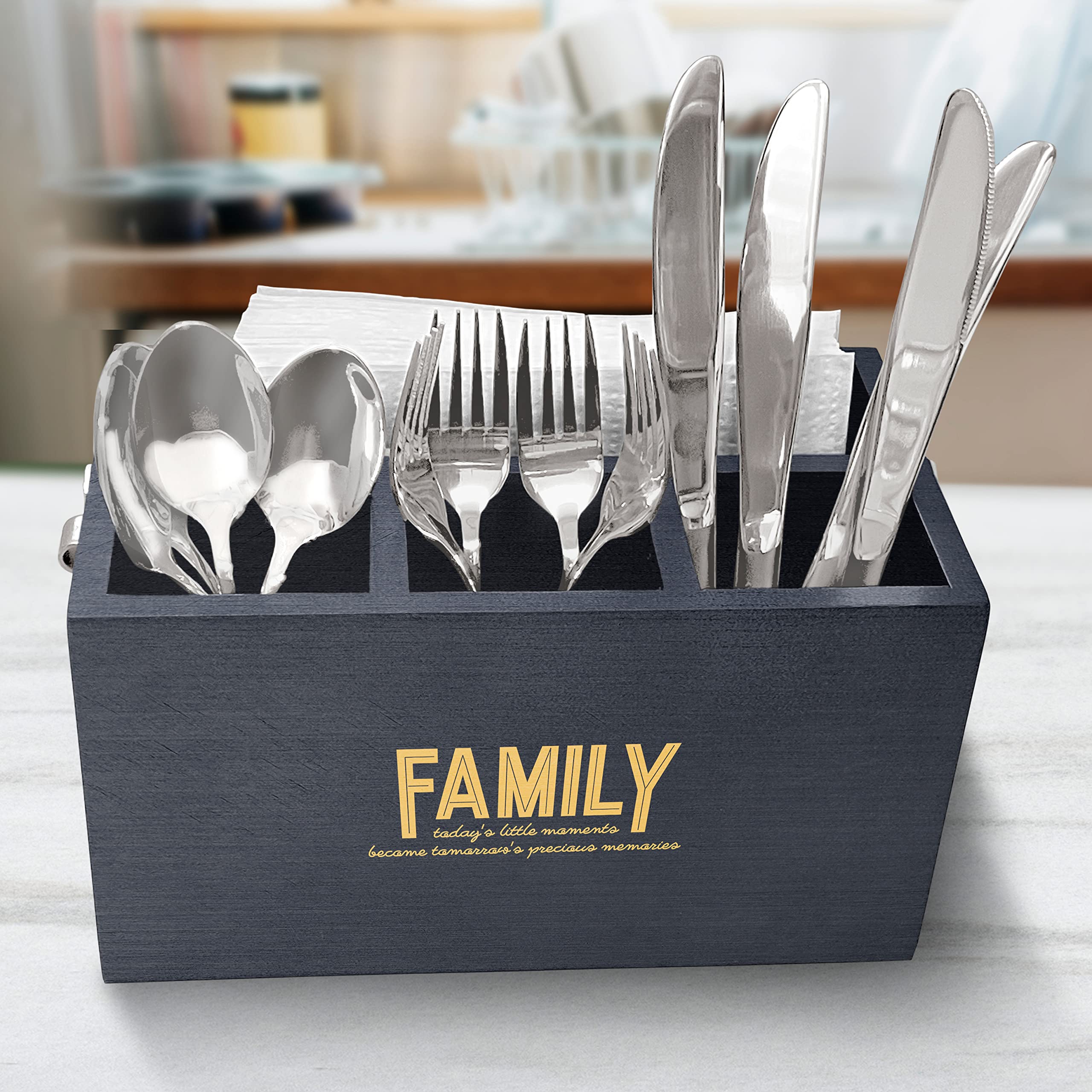 Krezy Case Family Quote Wood Utensil Caddy Cutlery Organizer, Silverware Holder, Large Utensil Flatware Organizer Box with 3 Compartments, Wood Utensil Holder