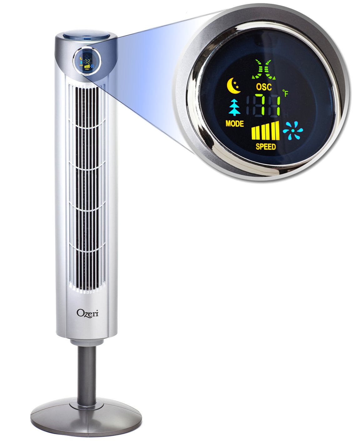 Ozeri Adjustable Oscillating Tower Noise Reduction Technology Ultra 42β Wind Fan, Silver