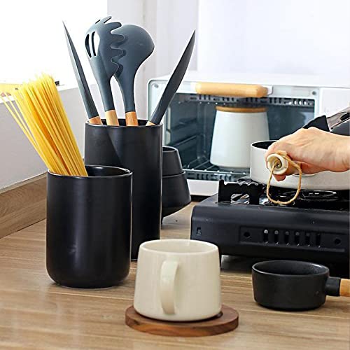 Utensil Holder for Kitchen Counter, Matte Ceramic Kitchen Utensil Holder for Countertop with Non slip Unglazed Base, Cooking Utensils Caddy Organizer Crock for Farmhouse Kitchen Decor(Medium-Black)