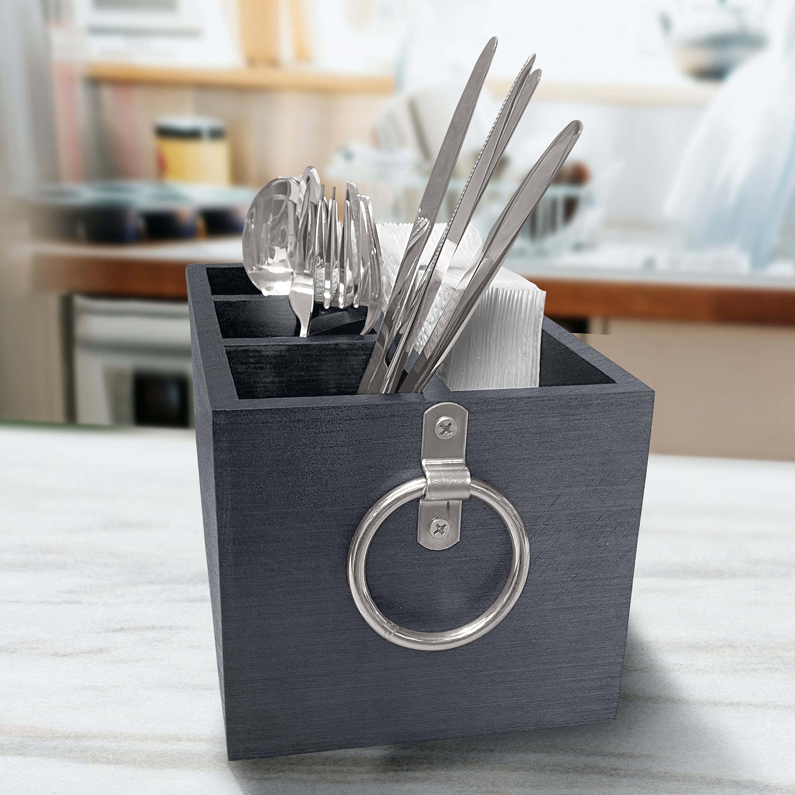Krezy Case Family Quote Wood Utensil Caddy Cutlery Organizer, Silverware Holder, Large Utensil Flatware Organizer Box with 3 Compartments, Wood Utensil Holder