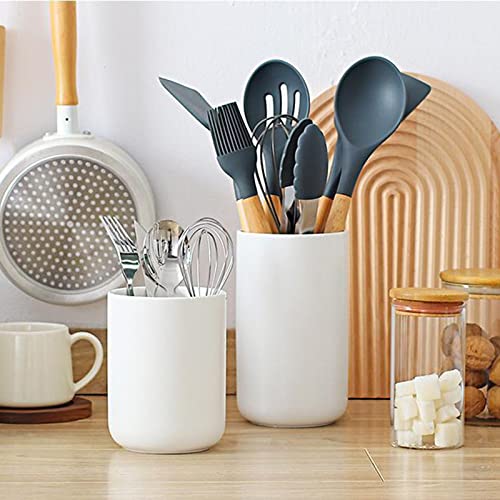 Utensil Holder for Kitchen Counter, Matte Ceramic Kitchen Utensil Holder for Countertop with Non slip Unglazed Base, Cooking Utensils Caddy Organizer Crock for Farmhouse Kitchen Decor(Medium-Black)